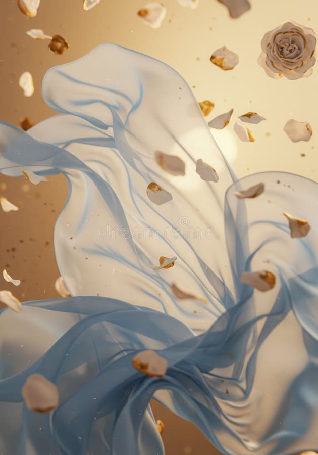 Floating Blue Translucent Fabric with Golden Petals and Rose in Elegant ...