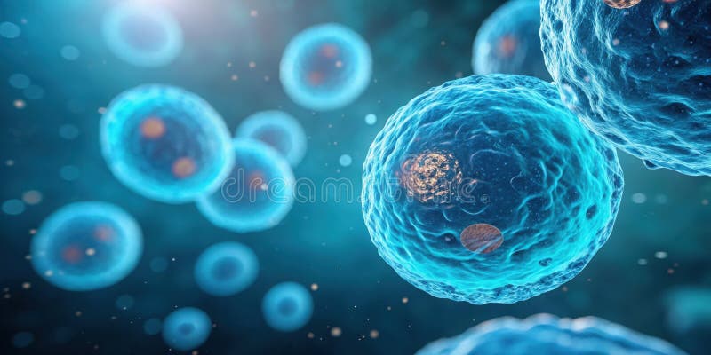 Blue Transparent Cells Under Microscope in Depth with Light Effects and ...