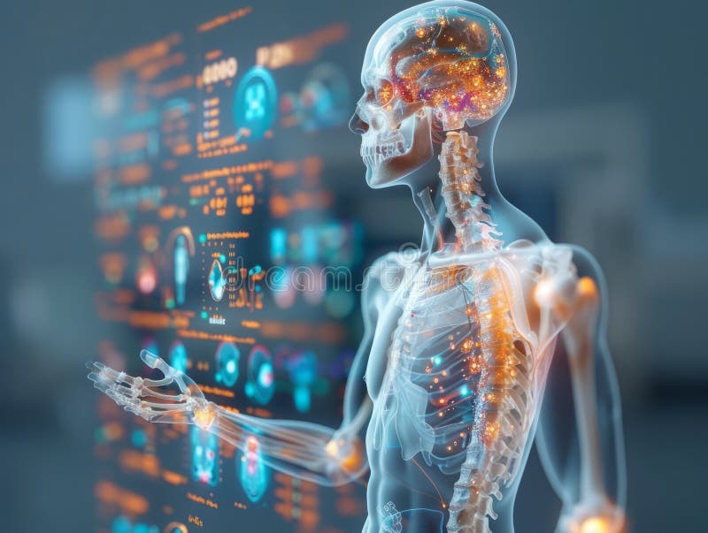 A Blue Transparent Human Body with Brain and Nervous System Interacting ...