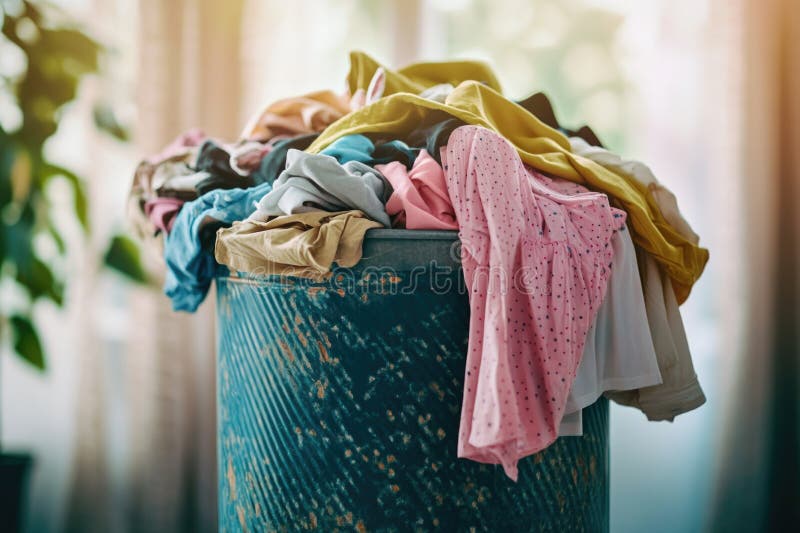 A Blue Trash Can Overflowing with Clothes Stock Image - Image of waste ...