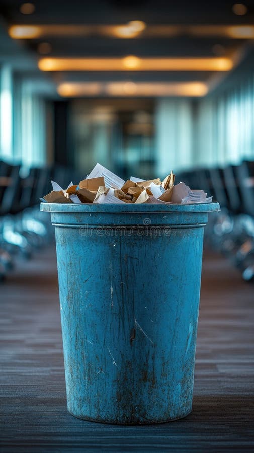Blue Trash Can Overflowing with Paper in Office Building Hallway Stock ...