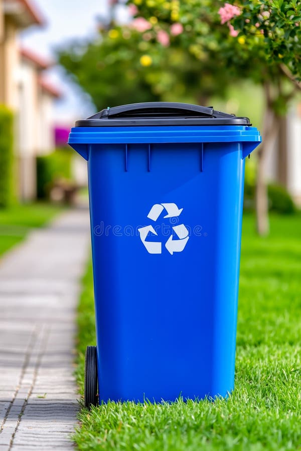 A Blue Trash Can Sitting on the Side of a Sidewalk Stock Photo - Image ...