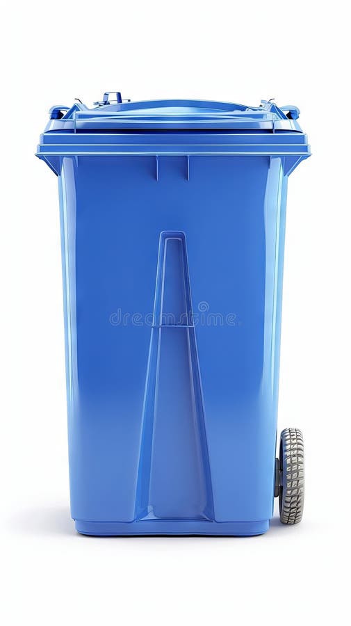 A Blue Trash Can with Wheels on a White Background Stock Image - Image ...