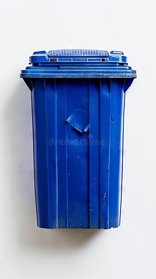 A Blue Trash Can on a White Wall Stock Photo - Image of recycling ...