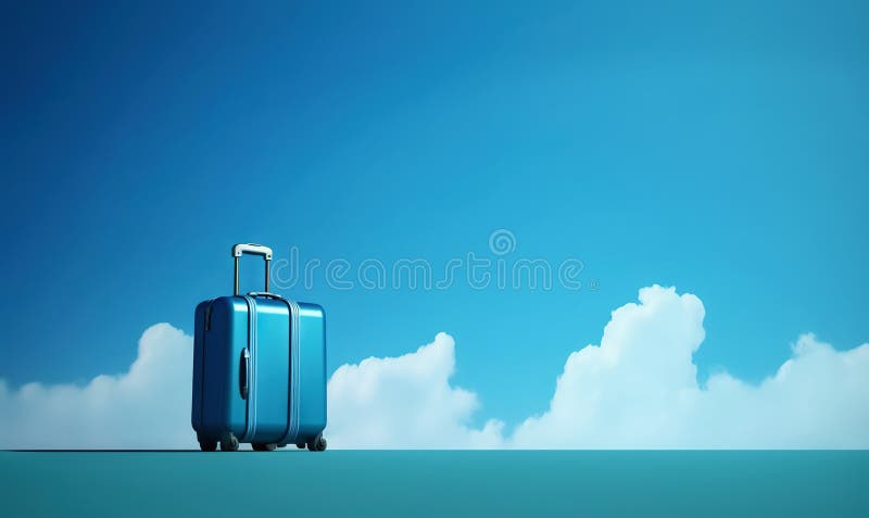 Blue Travel Suitcase with Wheels, on Blue Background with Clouds. Trip ...