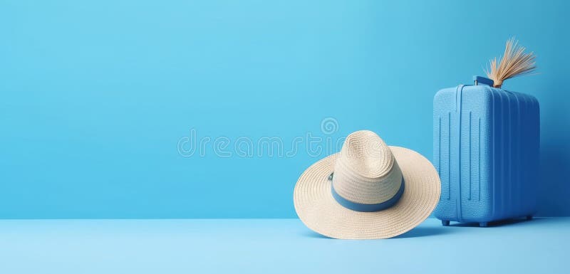 Blue Travel Suitcase with Wheels, Straw Hat, on Uniform Blue Background ...