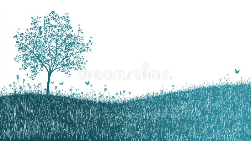 A Blue Tree is Illustrated on a White Background with a Simple Line ...