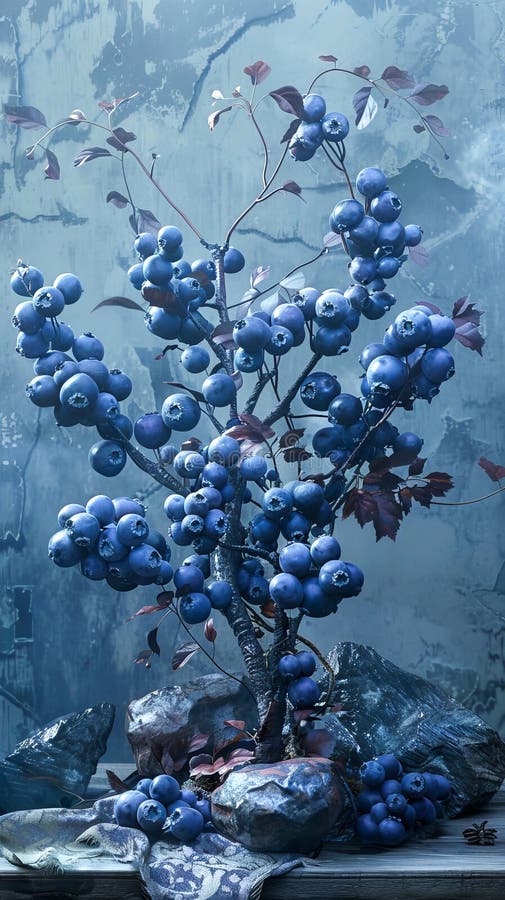 A Blue Tree with Leaves and Fruit in a Dark Room Stock Image - Image of ...