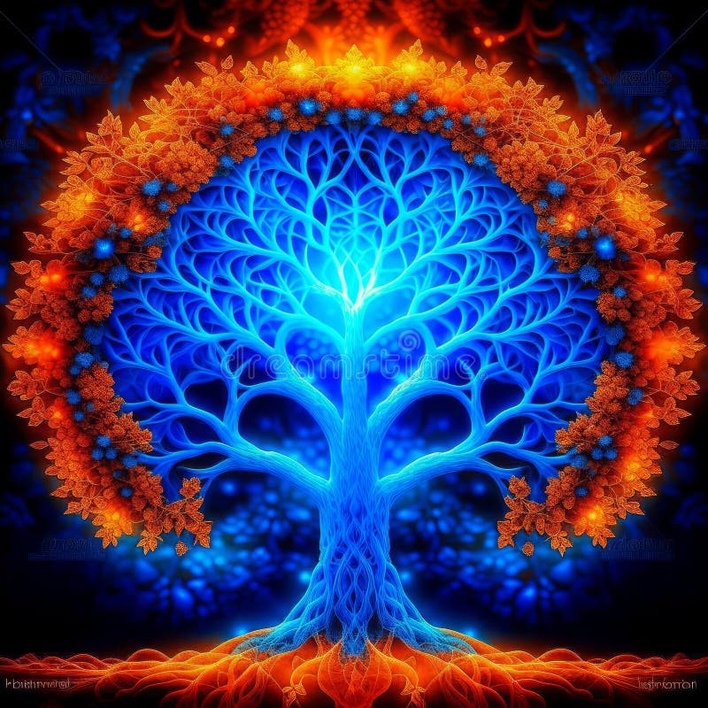 Blue Tree of Life with Fiery Leaves. Stock Illustration - Illustration ...