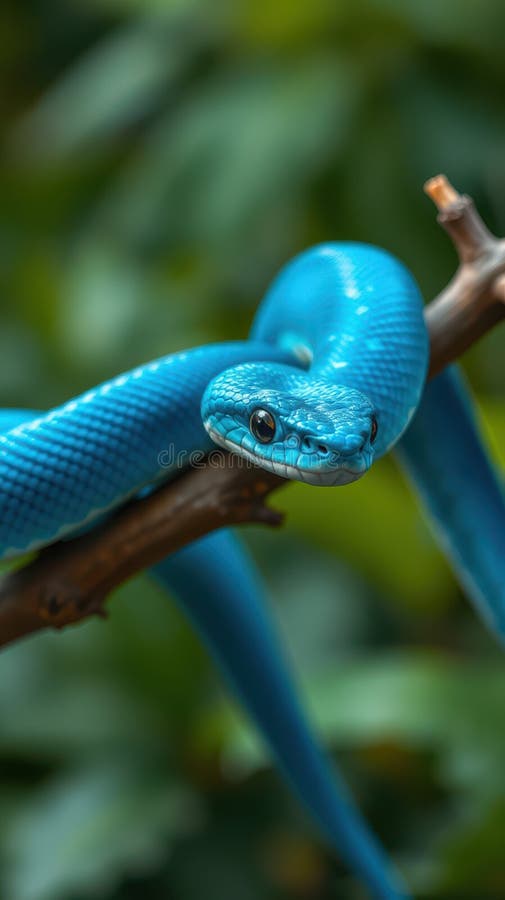 Blue Tree Snake Resting on a Branch Surrounded by Lush Greenery in a ...