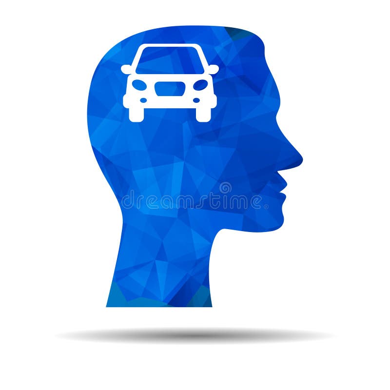 Blue Triangle Design Icon with Human Head, Brain and Car. Abstract Blue ...