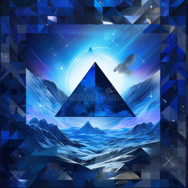 A Blue Triangle with an Image of a Mountain and a Space Ship in Front ...