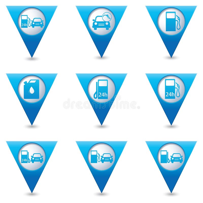 Blue Triangular Map Pointers with Gas Station Icons Stock Vector ...