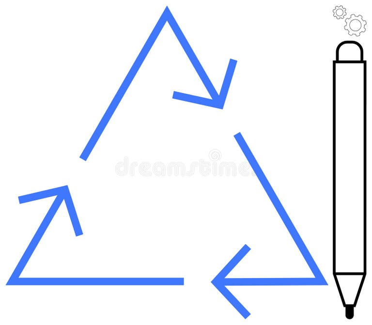 Blue Recycling Arrows Forming Triangle with Black Pen and Gear Elements ...