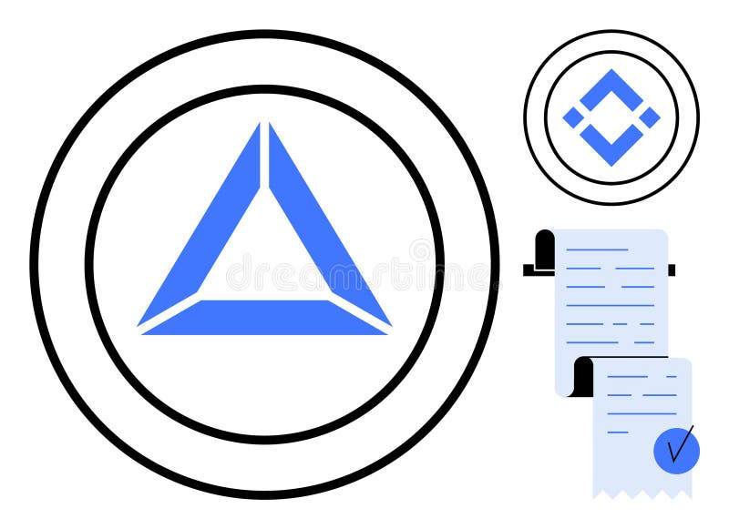 Blue Triangular Symbol with Circle and Document Icon Set Indicating ...