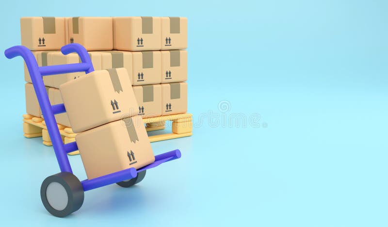 Blue Trolley with Parcel Box. 3d Render Logistic and Delivery Icon ...