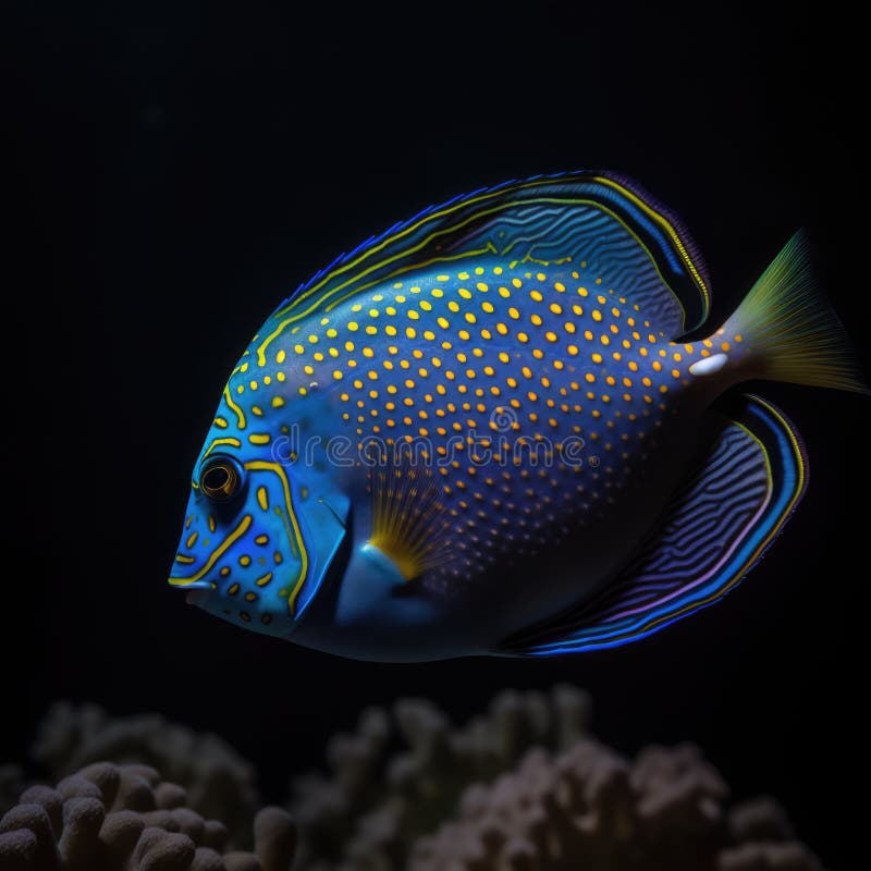Blue Tropical Fish with Pattern and Coral Reef in Sea, Created Using ...