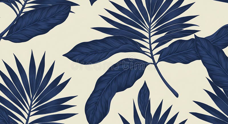 Blue Tropical Leaves in a Repeating Pattern on a Light Beige Background ...