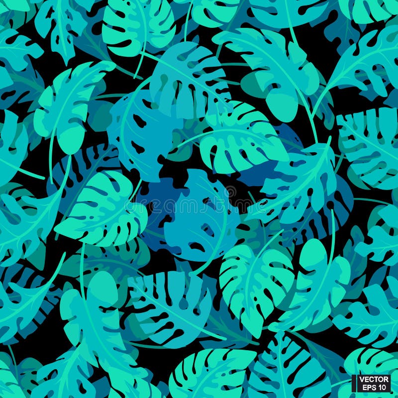 Blue Tropical Leaves, Seamless Pattern Stock Vector - Illustration of ...