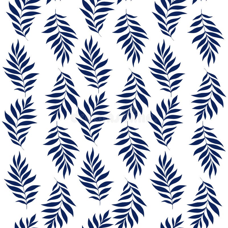 Blue Tropical Leaves. Vector Seamless Pattern on White Background Stock ...