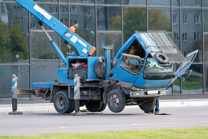 Blue Truck on Struts with an Extended Boom. Stock Image - Image of ...