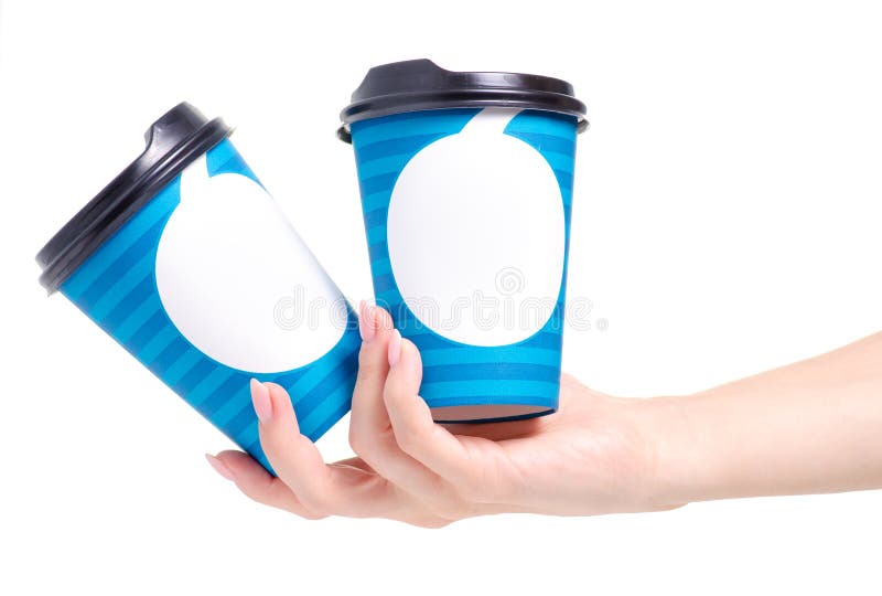 Blue Two Cups with Coffee Lids in Hand Stock Image - Image of object ...