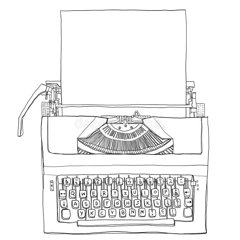Blue Typewriter with Paper Line Art Illustration Stock Illustration ...