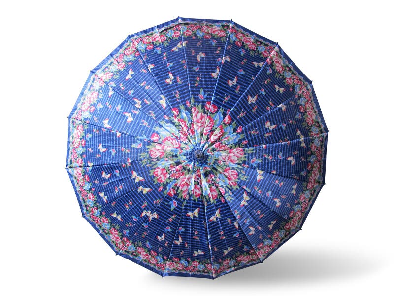 Blue Umbrella with Flowers and Butterfly Pattern on White Background ...