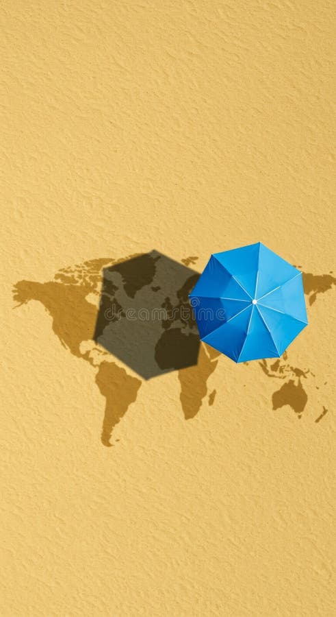 Blue Umbrella on Sandy Beach with World Map Shadow Stock Illustration ...