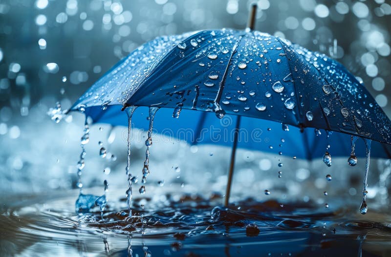 Blue Umbrella with Water Drops Close Up in the Rain with Beautiful ...