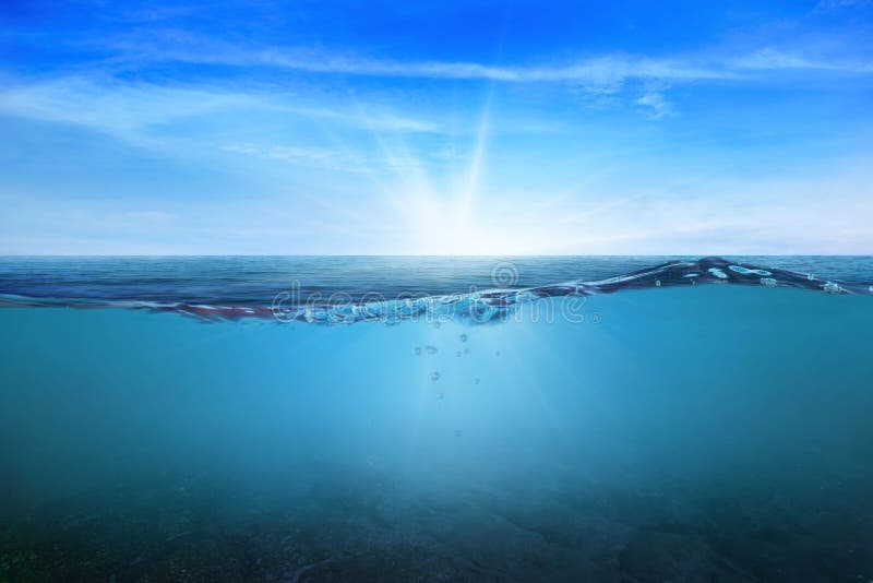 BLUE UNDER WATER Waves and Bubbles. Beautiful White Clouds on Blue Sky ...