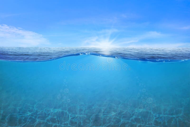 BLUE UNDER WATER Waves and Bubbles. Beautiful White Clouds on Blue Sky ...
