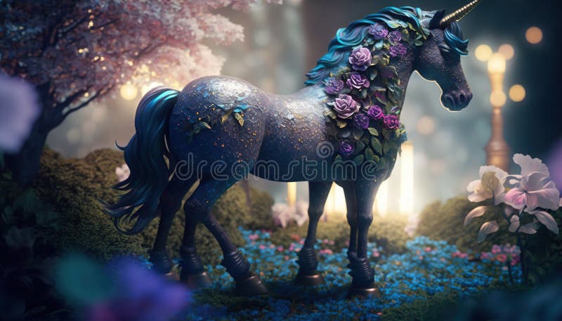 A Blue Unicorn Standing in a Field of Flowers and Trees. Stock Illustration - Illustration of ...