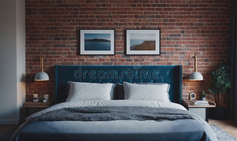 A Blue Upholstered Bed Sits in Front of a Brick Wall in a Modern ...