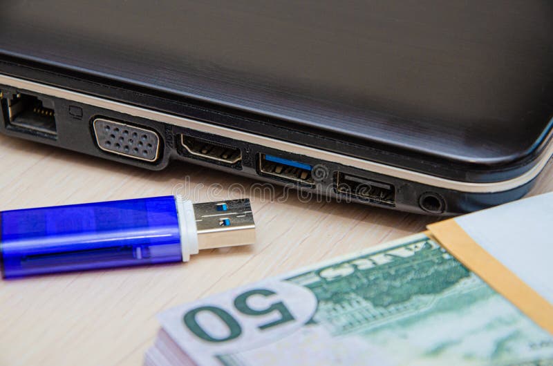 Blue USB Flash Drive or Connected To Laptop Computer`s USB Port ...
