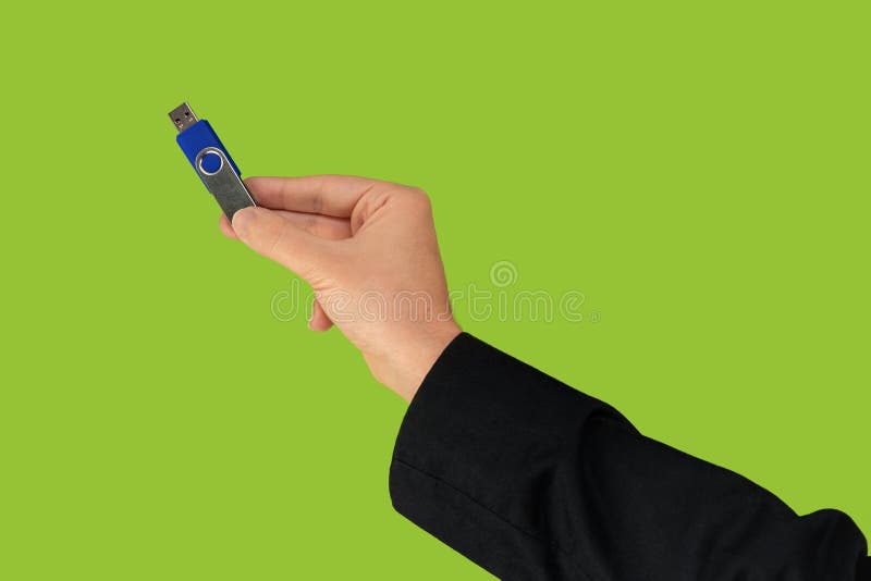 Blue USB Flash Drive on Hand with Isolated Green Background Stock Image ...