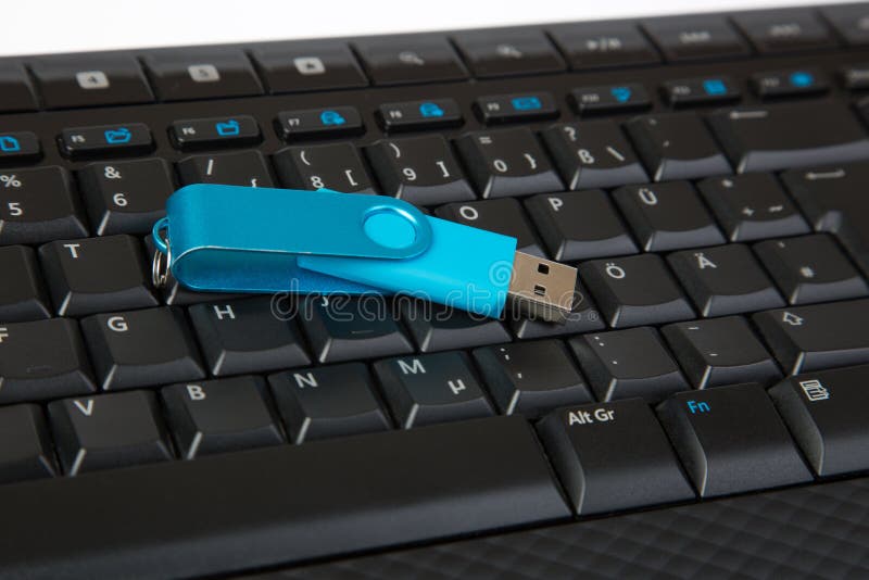Blue USB Stick on a Keyboard, Isolated on White Stock Image - Image of ...