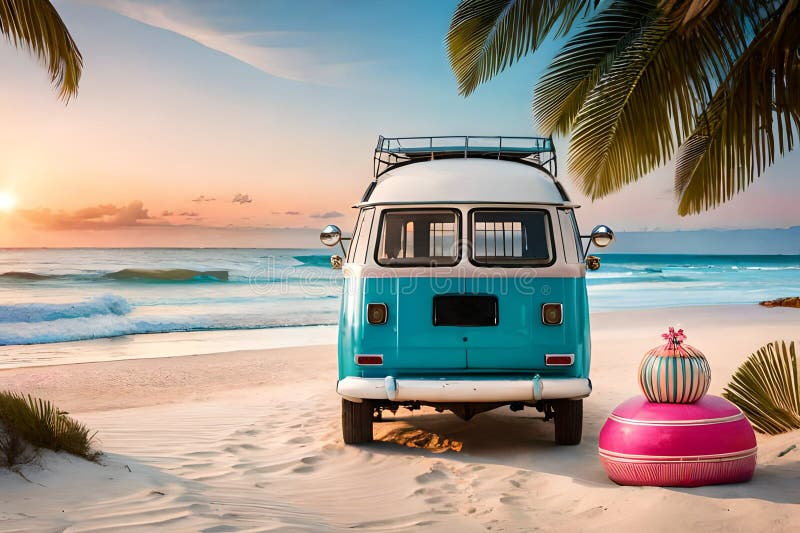 A Blue Van with a Pink Floater on the Back Sits on a Beach with Palm ...