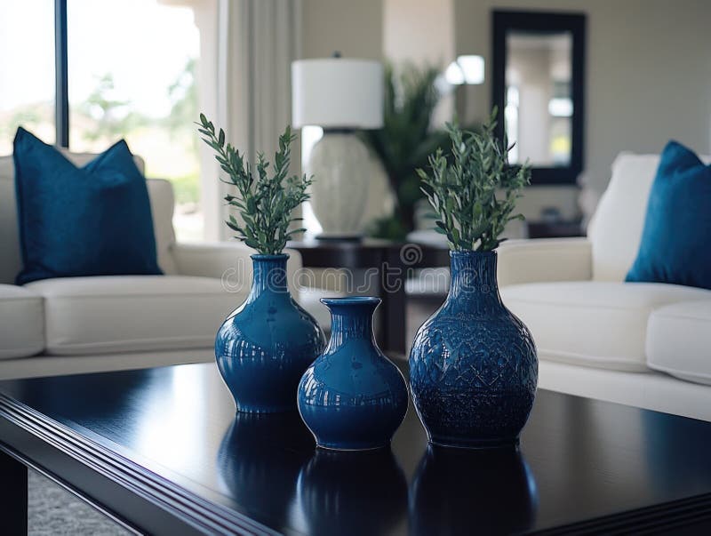Blue Vases on Coffee Table stock photo. Image of interior - 388033586