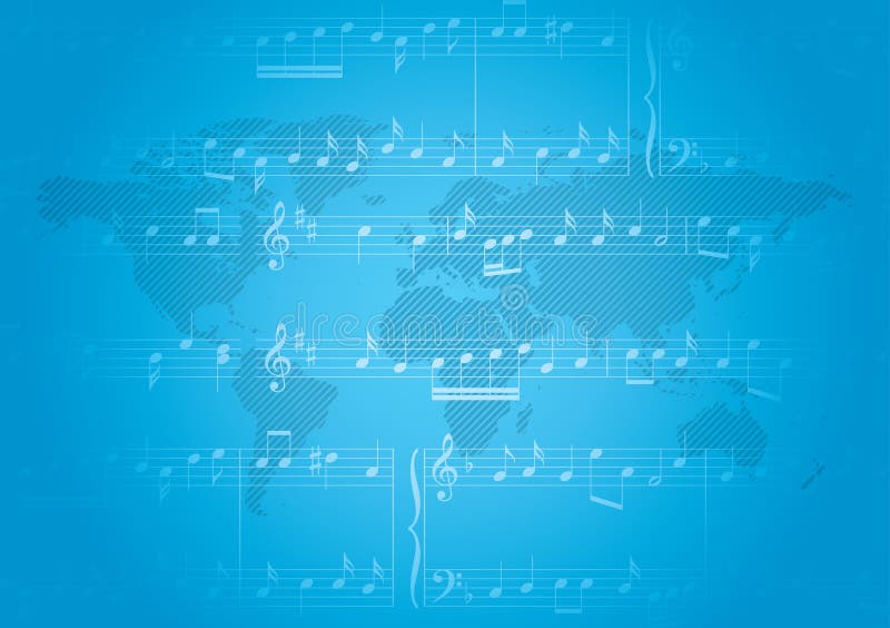 Blue Vector Banner with Music Notes and Striped World Map - Background ...