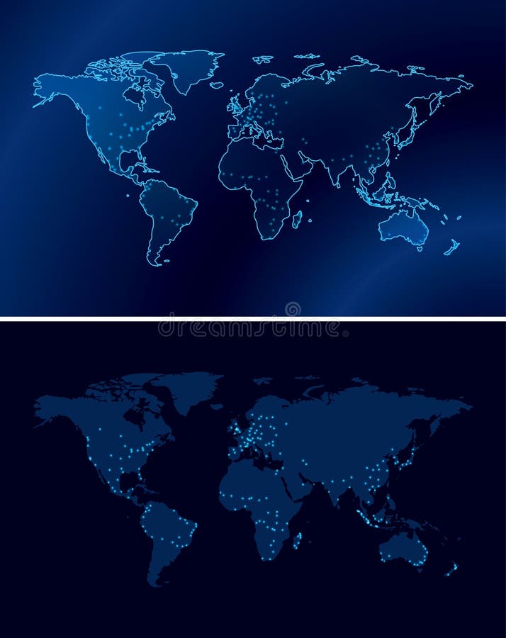 Blue Vector Maps of the World with Lights Stock Vector - Illustration ...