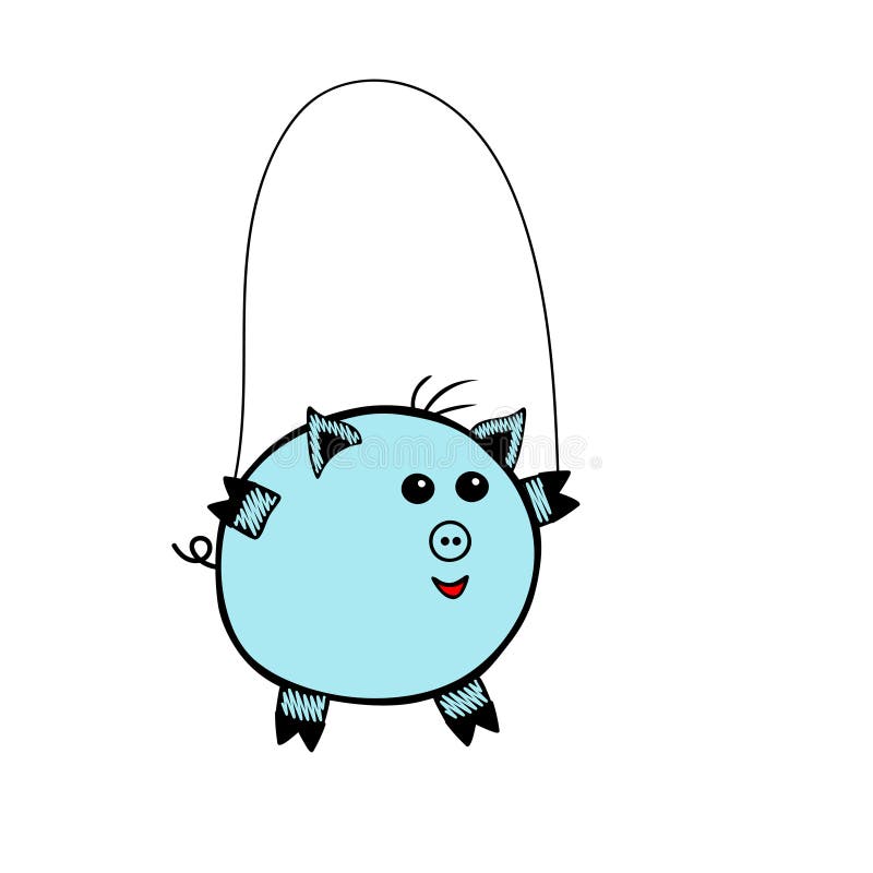 Blue Vector Piggy Fat Boy Jumping Rope on a White Background Stock ...