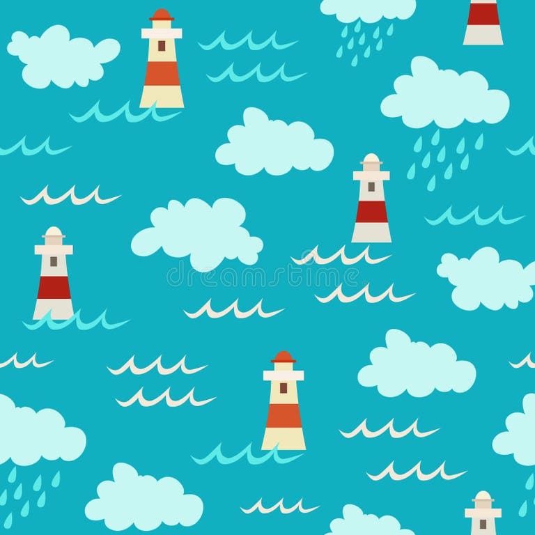 Blue Vector Seamless Pattern. Cute Red Lighthouses Elements Stock ...