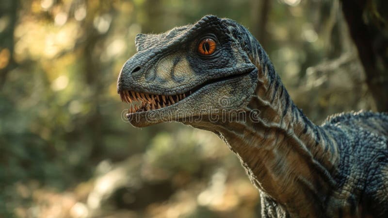 Blue Velociraptor in Lush Forest Setting Stock Illustration ...