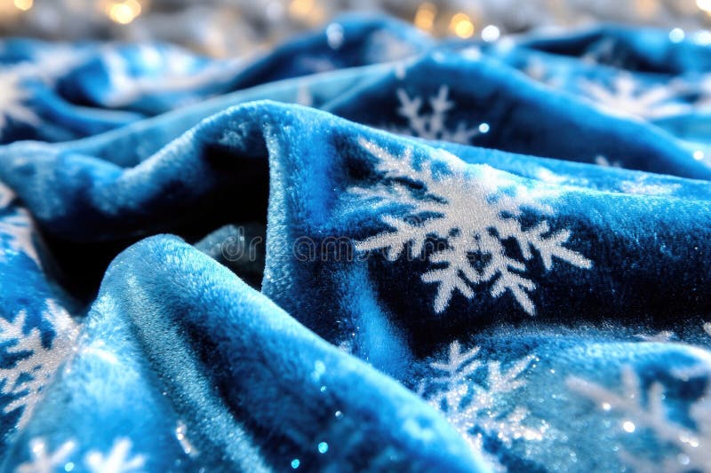 Blue Velvet Fabric with White Snowflake Pattern and Glittering Lights ...