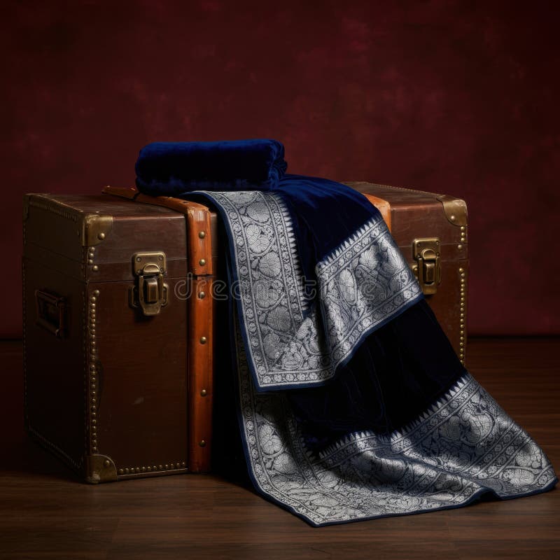 Blue Velvet Sari Draped on Vintage Trunk. AI-Generated Stock ...
