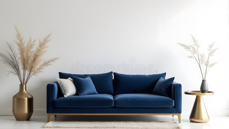 Blue Velvet Sofa in Minimalist Living Room. Stock Illustration ...