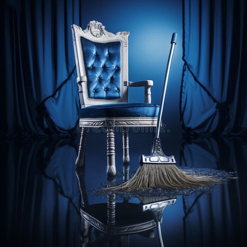 Blue Velvet Throne Chair and Broom on Blue Stage Stock Illustration ...