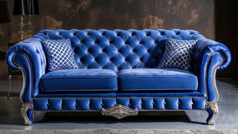 Blue Velvet Tufted Sofa with Silver Accents and Pillows Stock ...