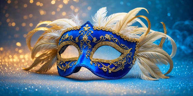 Blue Venetian Mask with Gold Decorations on a Glittery Background Stock ...